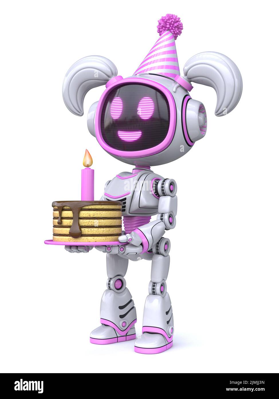 Cute pink girl robot with birthday cap and cake 3D Stock Photo - Alamy