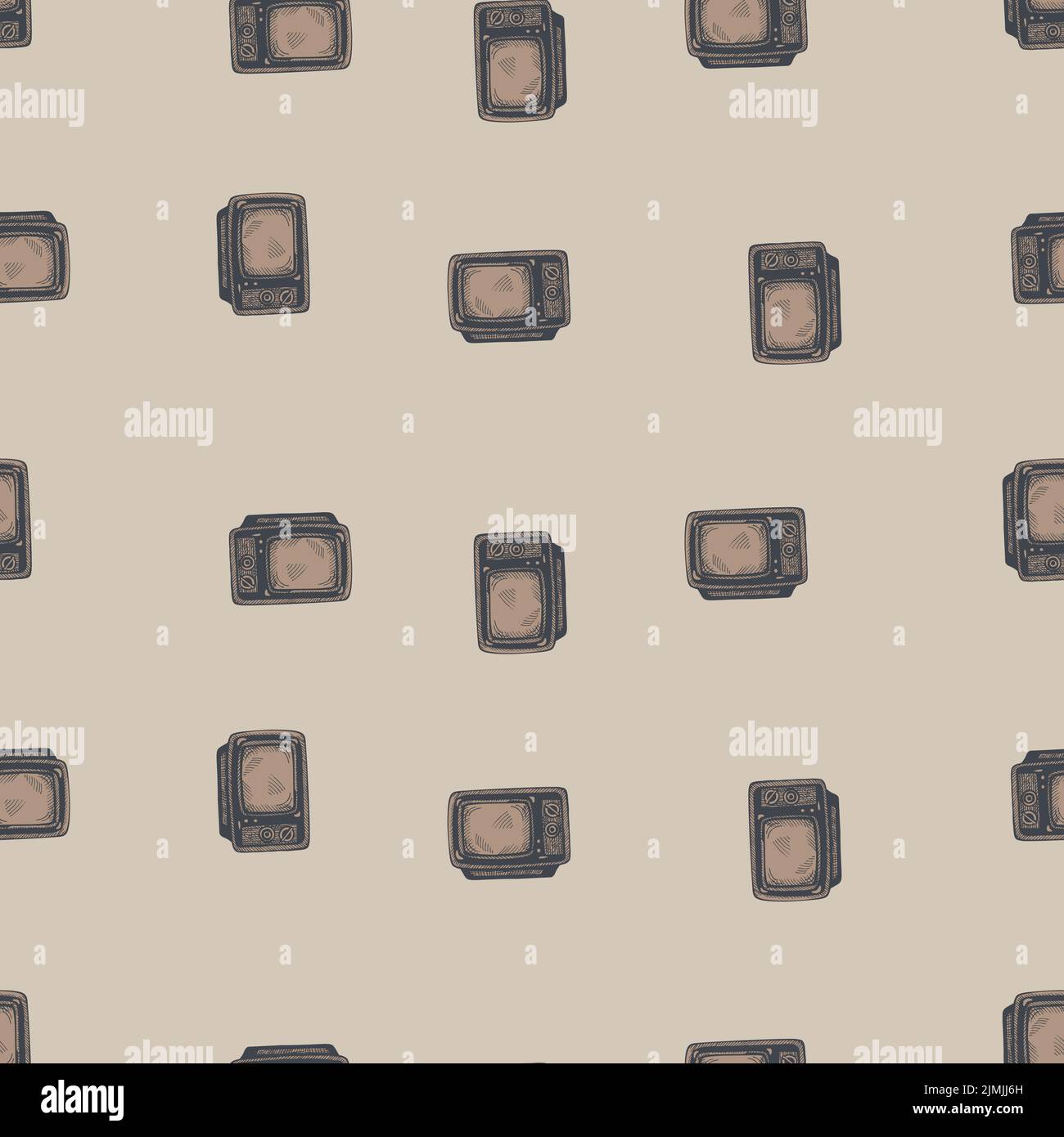 Retro TV engraved seamless pattern. Vintage television media equipment ...