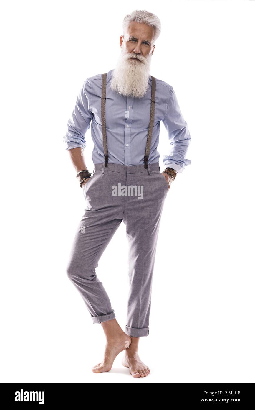 Handsome aged male model posing on white background Stock Photo - Alamy