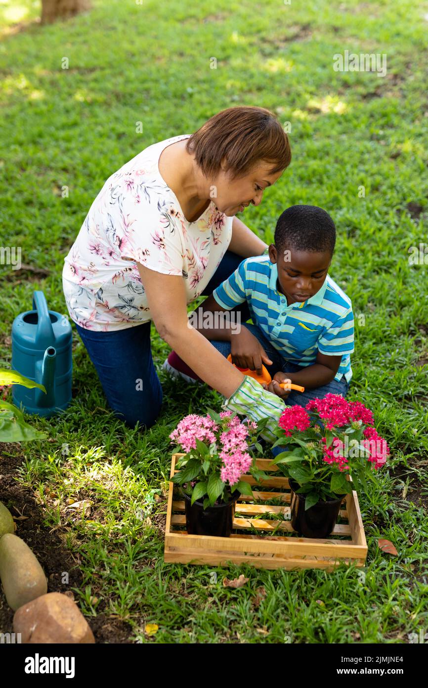 African american boy gardening with grandmother in backyard on weekend ...