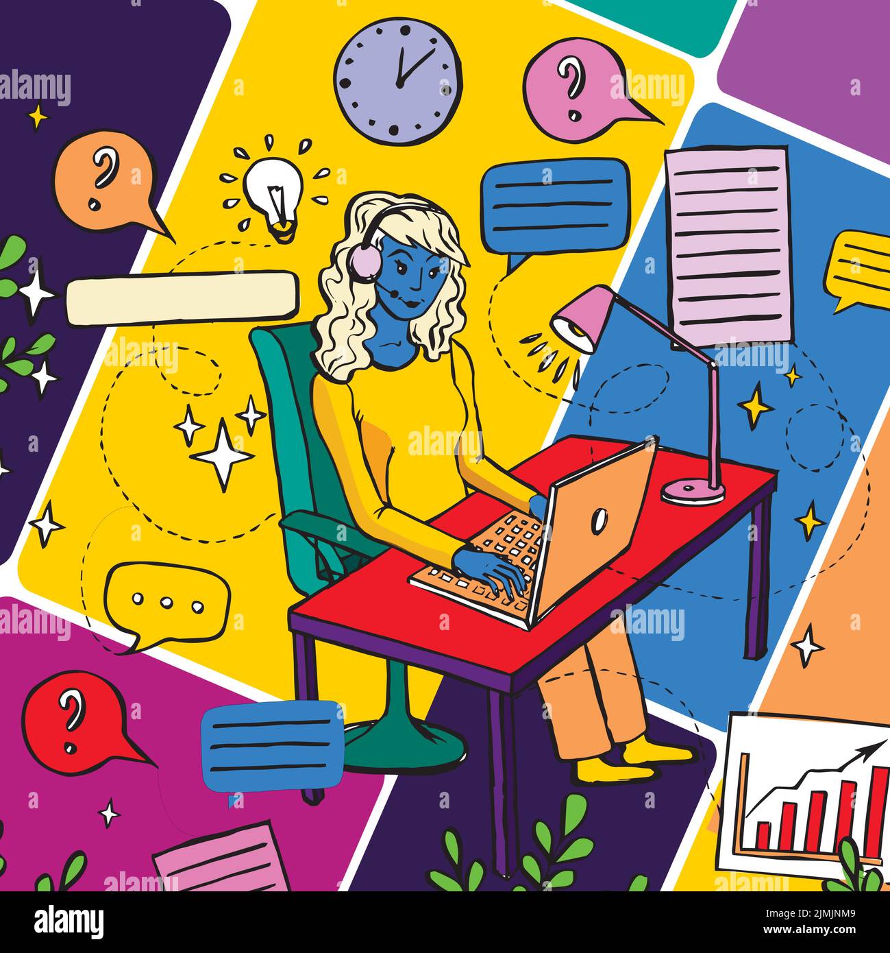 Business illustration. Call center operator. Girl at work at the ...