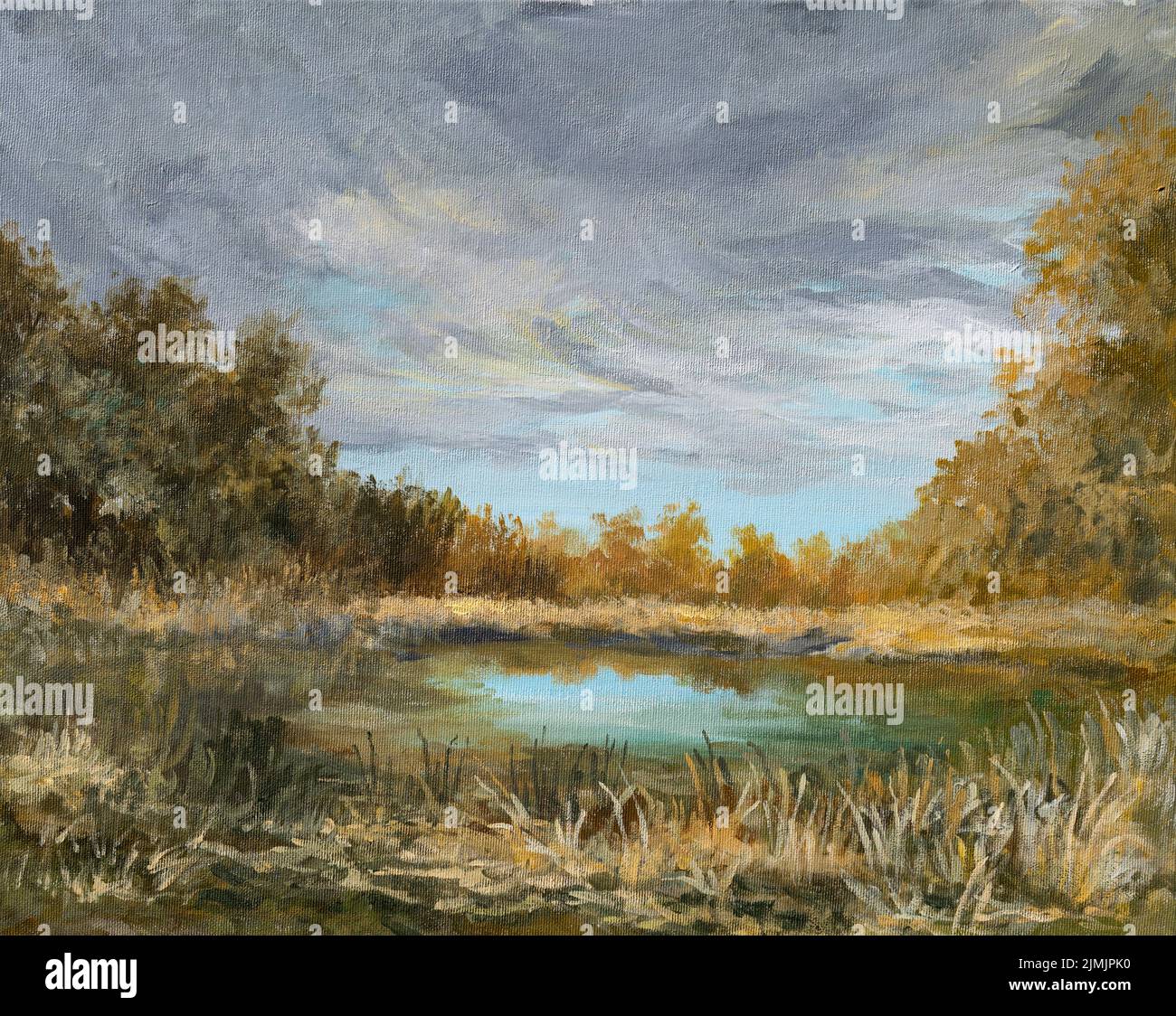 Oil painting of a warm day rural summer landscape in Danube Delta ...