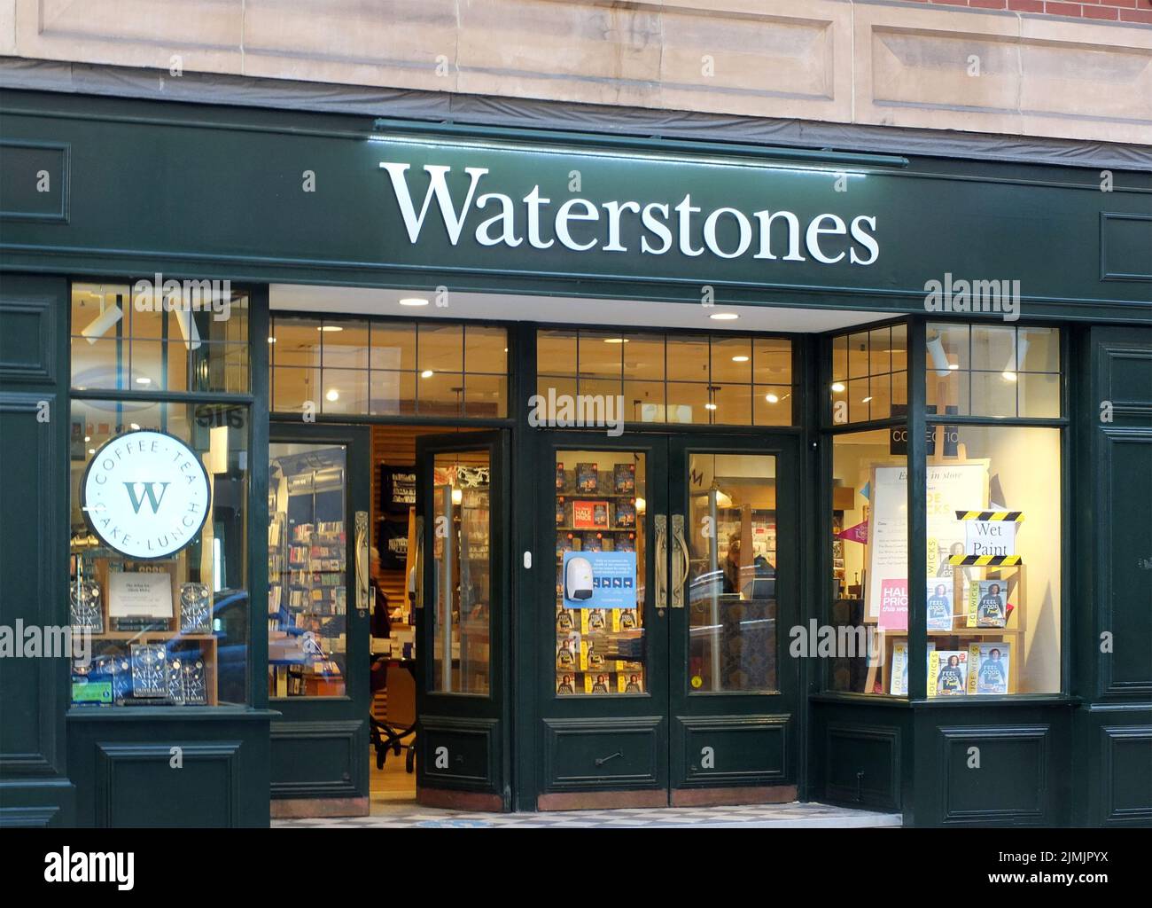 Sign and retail display of a waterstones book store in leeds city ...