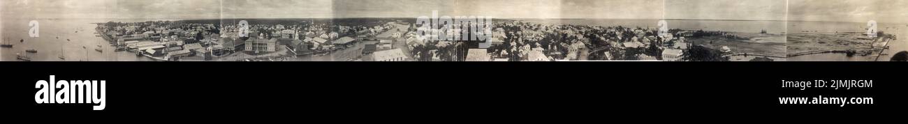 Cycloramic birds-eye panoramic view of Belize City, British Honduras in ...