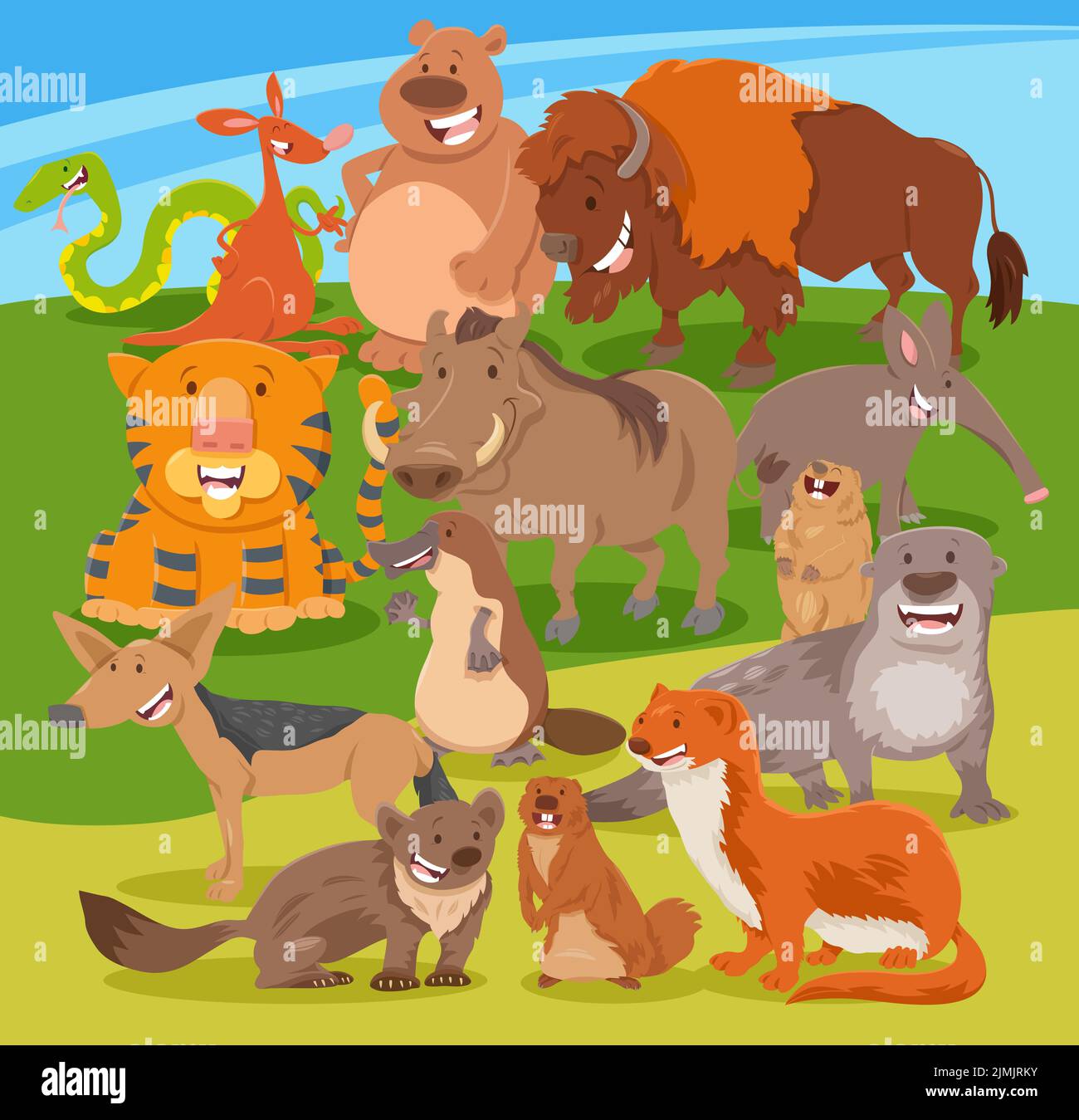 Happy cartoon wild animals characters group Stock Photo - Alamy