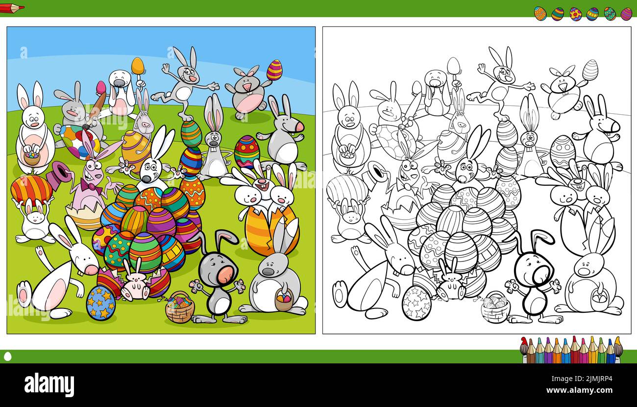 Easter bunnies with Easter eggs coloring book page Stock Photo - Alamy