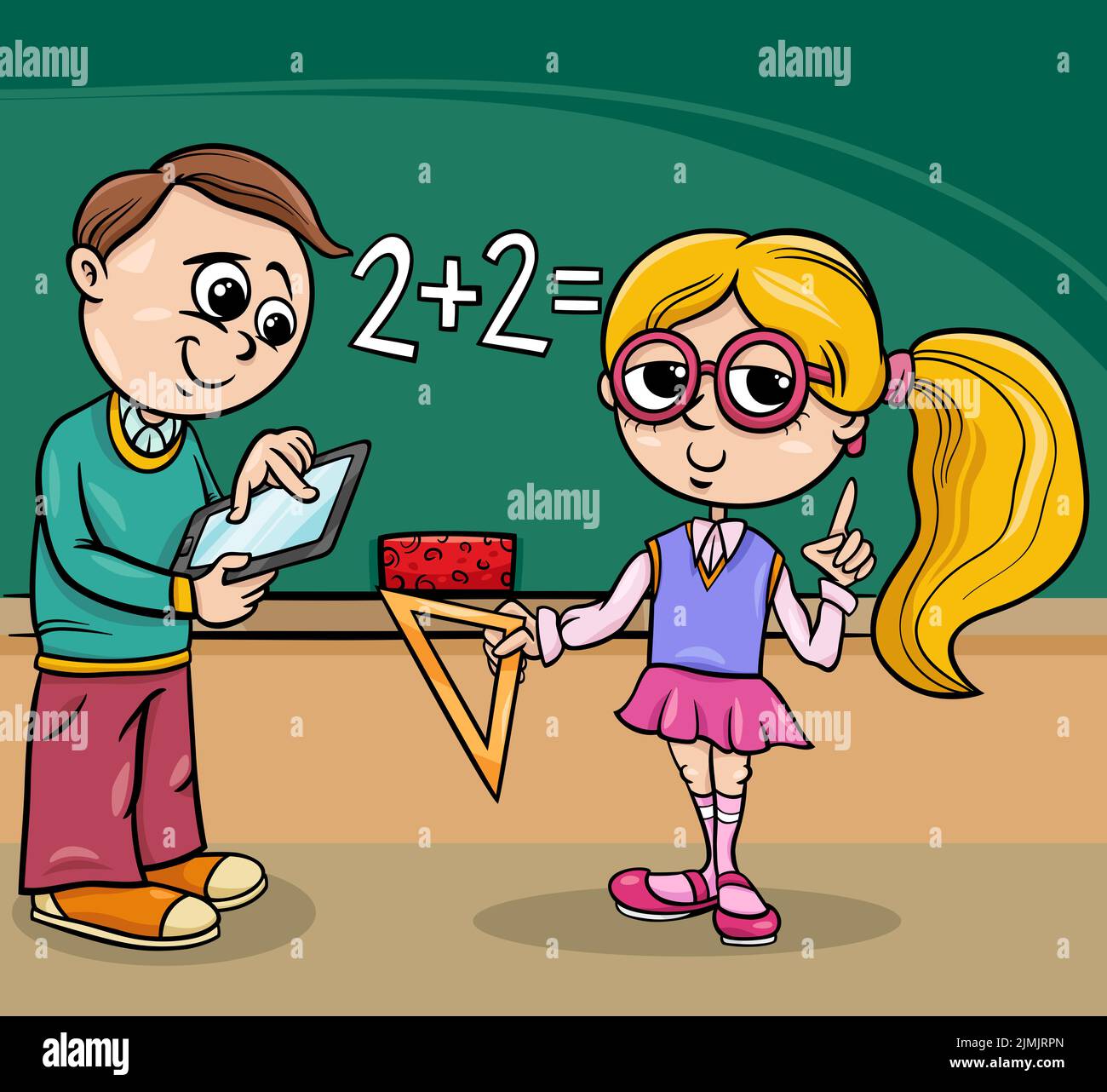 Cartoon elementary age children at the blackboard Stock Photo - Alamy