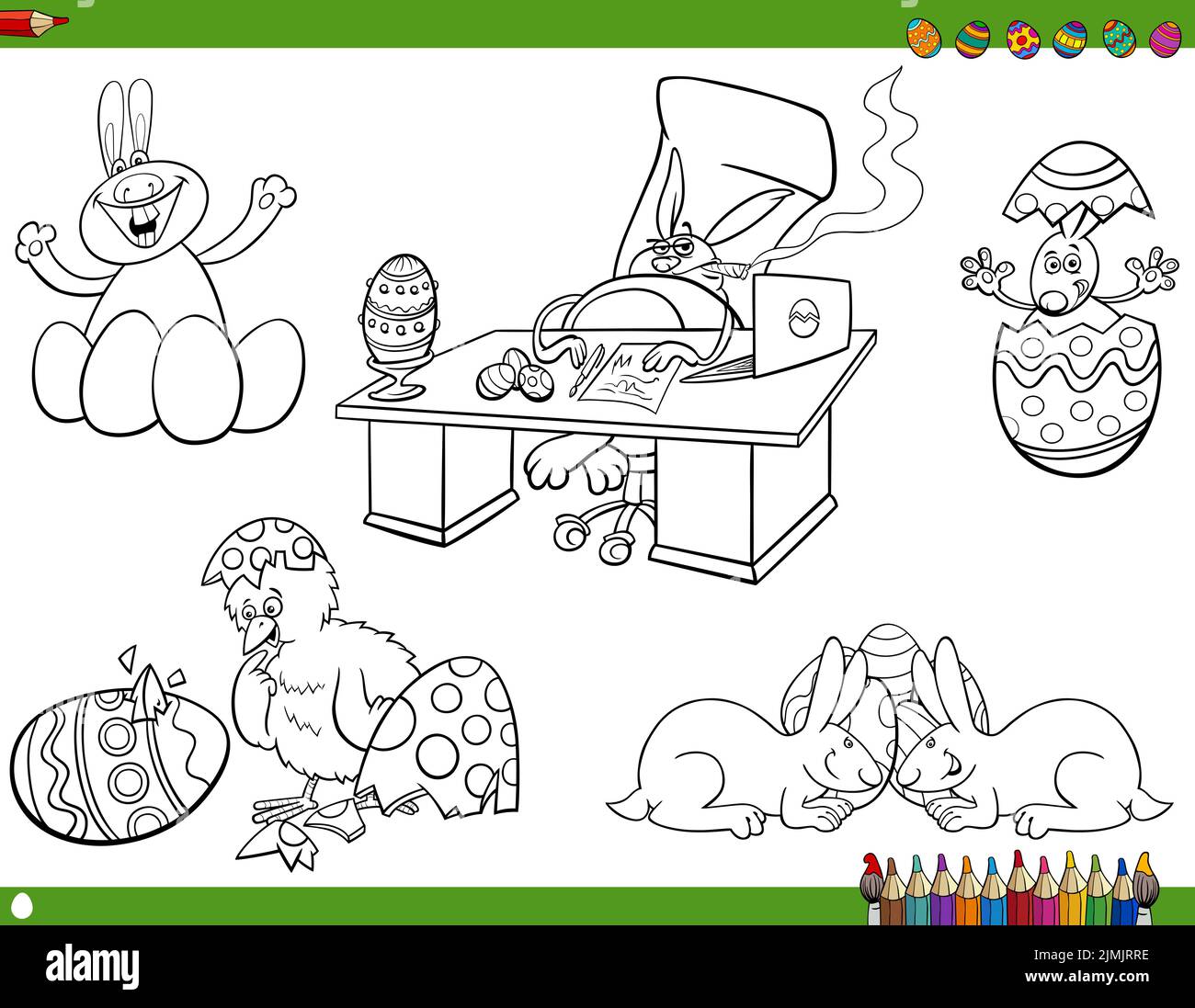 Easter bunnies and chick and eggs coloring book page Stock Photo - Alamy