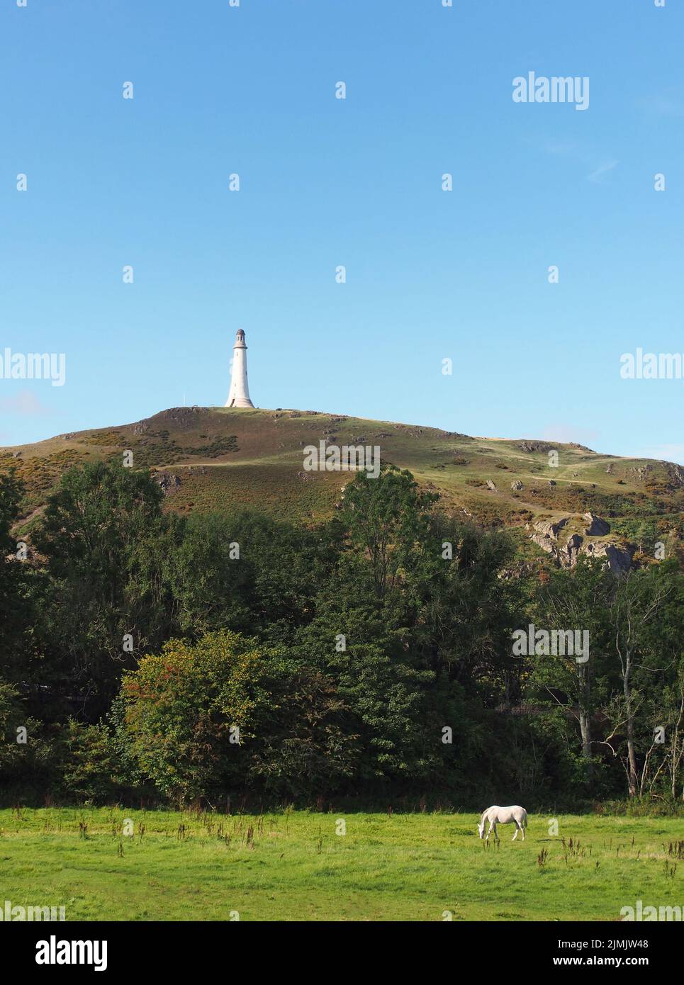 Hoad hill and historic 19th century monument in Ulverston with a horse ...