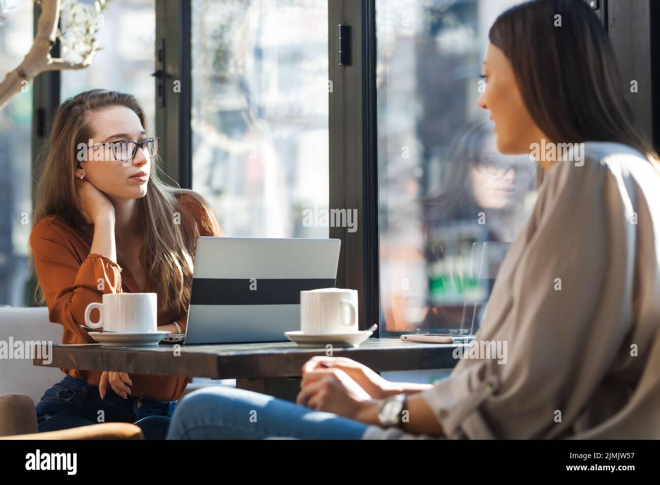 Two young business women in a cafe having one on one meeting. Friends ...