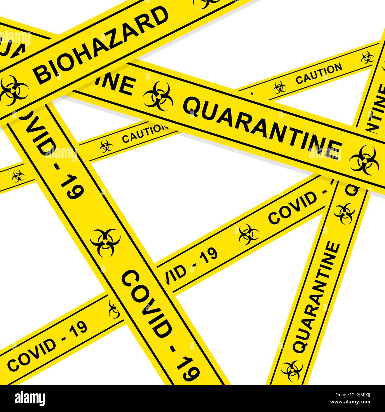 Yellow barricade tape with different warnings about COVID-19 quarantine ...