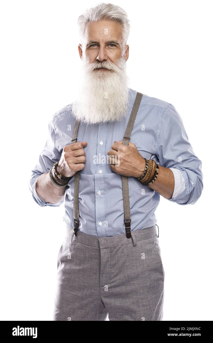 Handsome aged male model posing on white background Stock Photo - Alamy