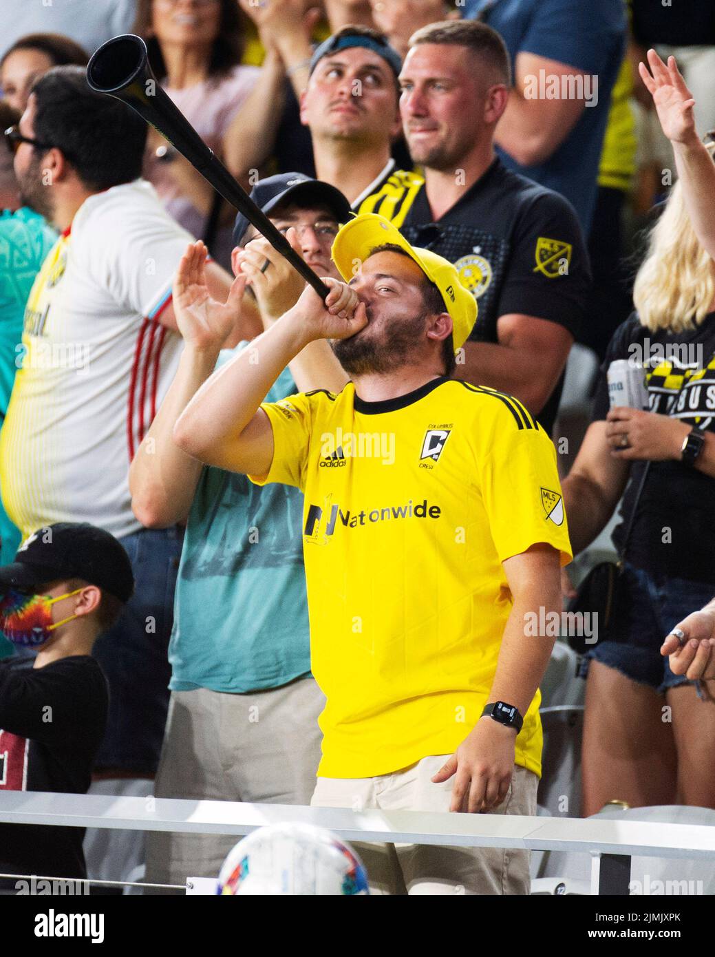 August 6, 2022: A Columbus Crew fan cheers his team on against New York ...