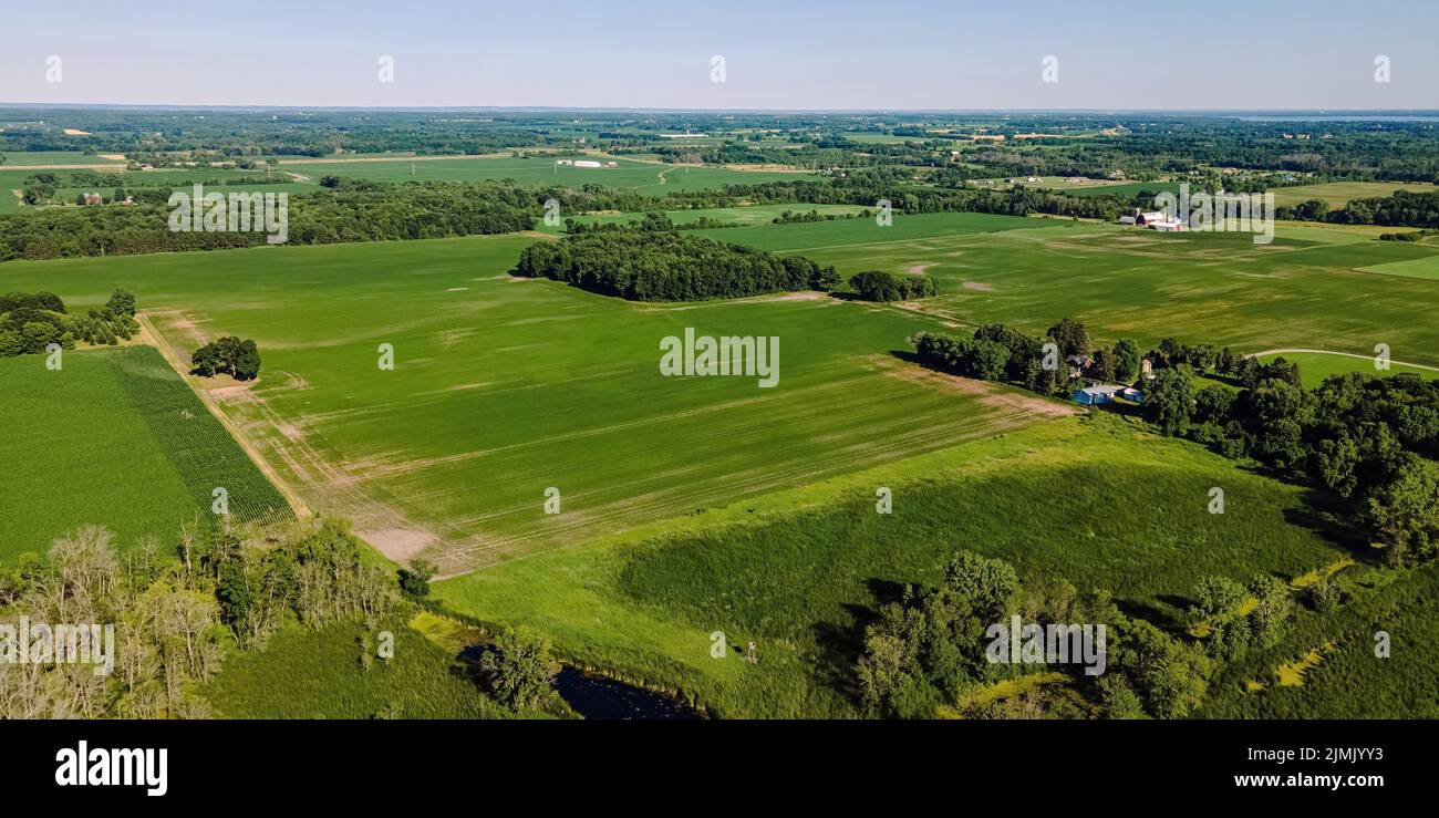 A hot summer day with a clear sky showing rural wisconsin farm fields ...