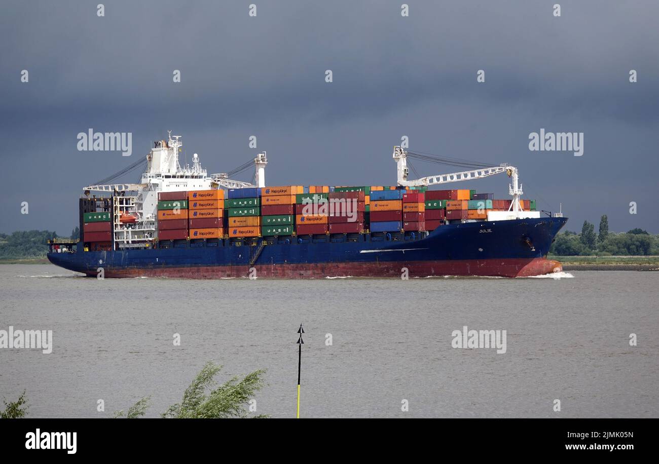 Container ship on the Lower Elbe Stock Photo - Alamy