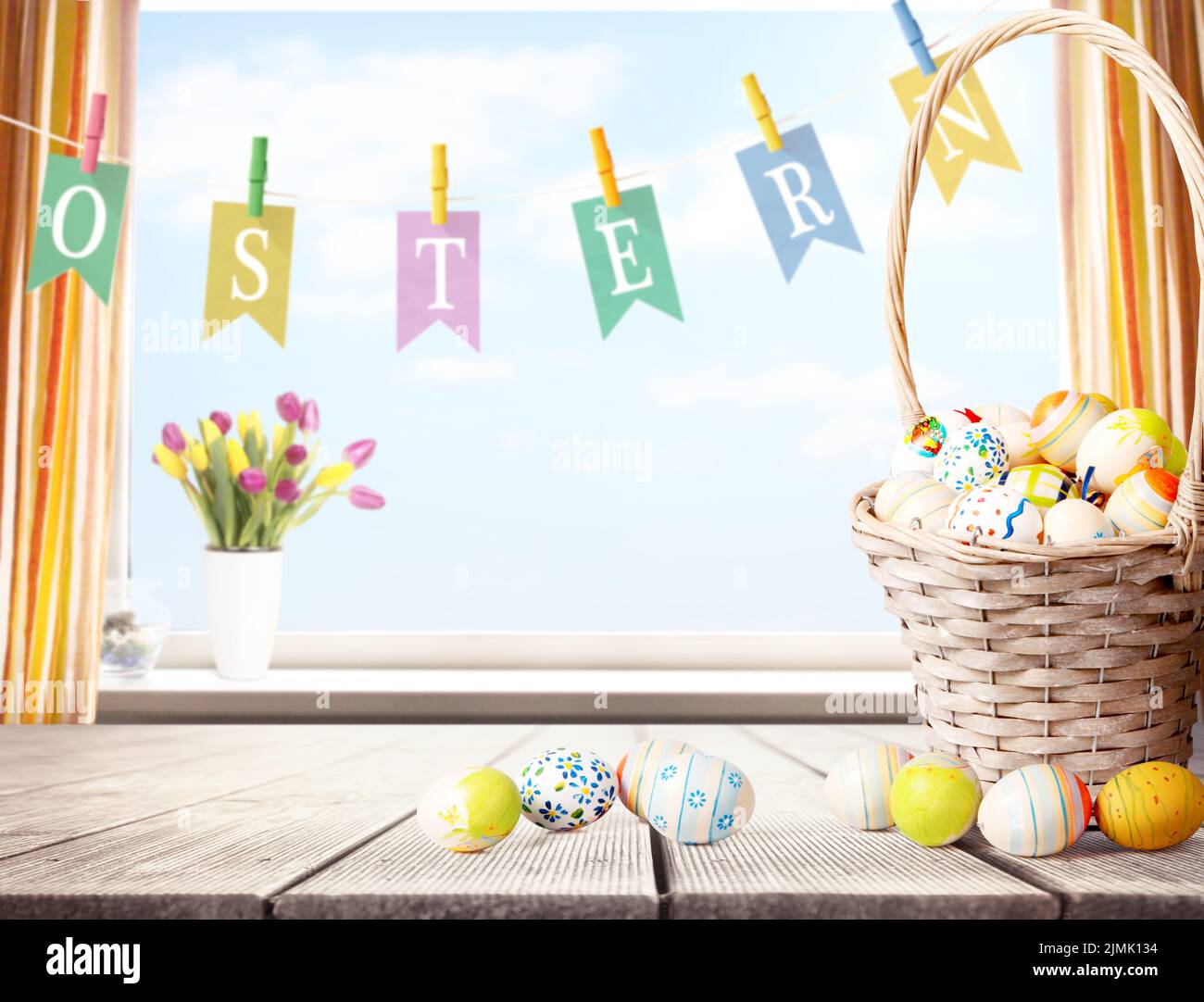 Easter background with colorful easter eggs on wooden background Stock ...