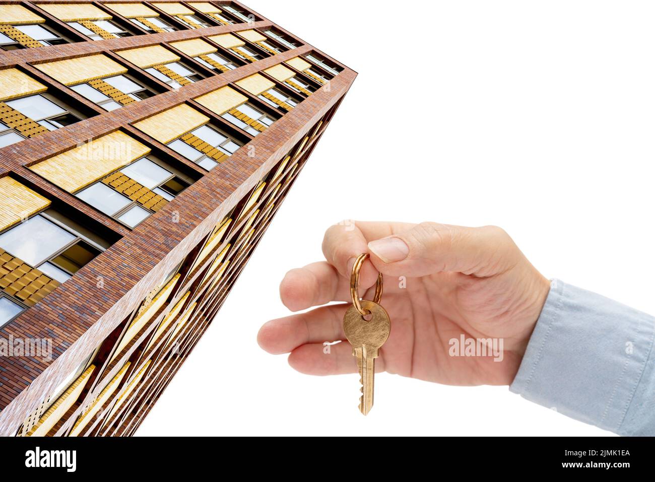 Apartment key in a man's hand. Brass house door lock key. Modern ...