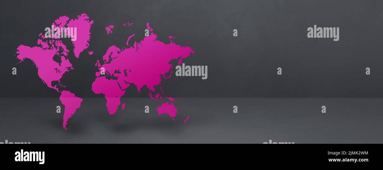 Purple world map on black concrete wall background. 3D illustration ...