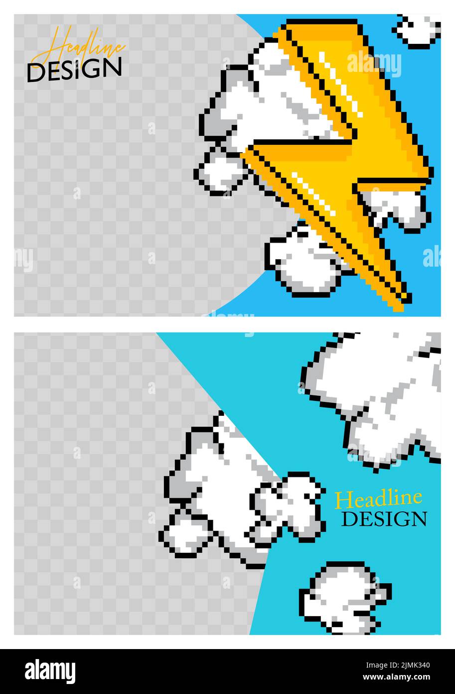 Blue Yellow Poster Collection. Design with pixel clouds, flash ...