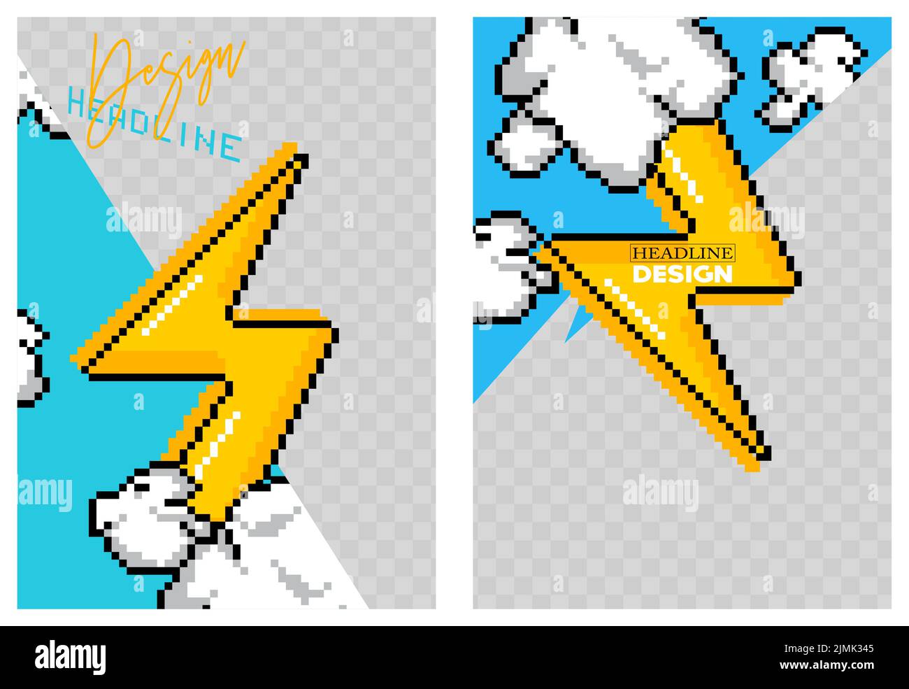 Blue Yellow Poster Collection. Design with pixel clouds, flash ...