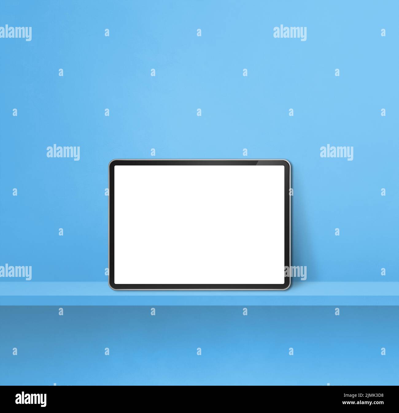 Digital tablet pc on blue wall shelf. Square background banner Stock ...