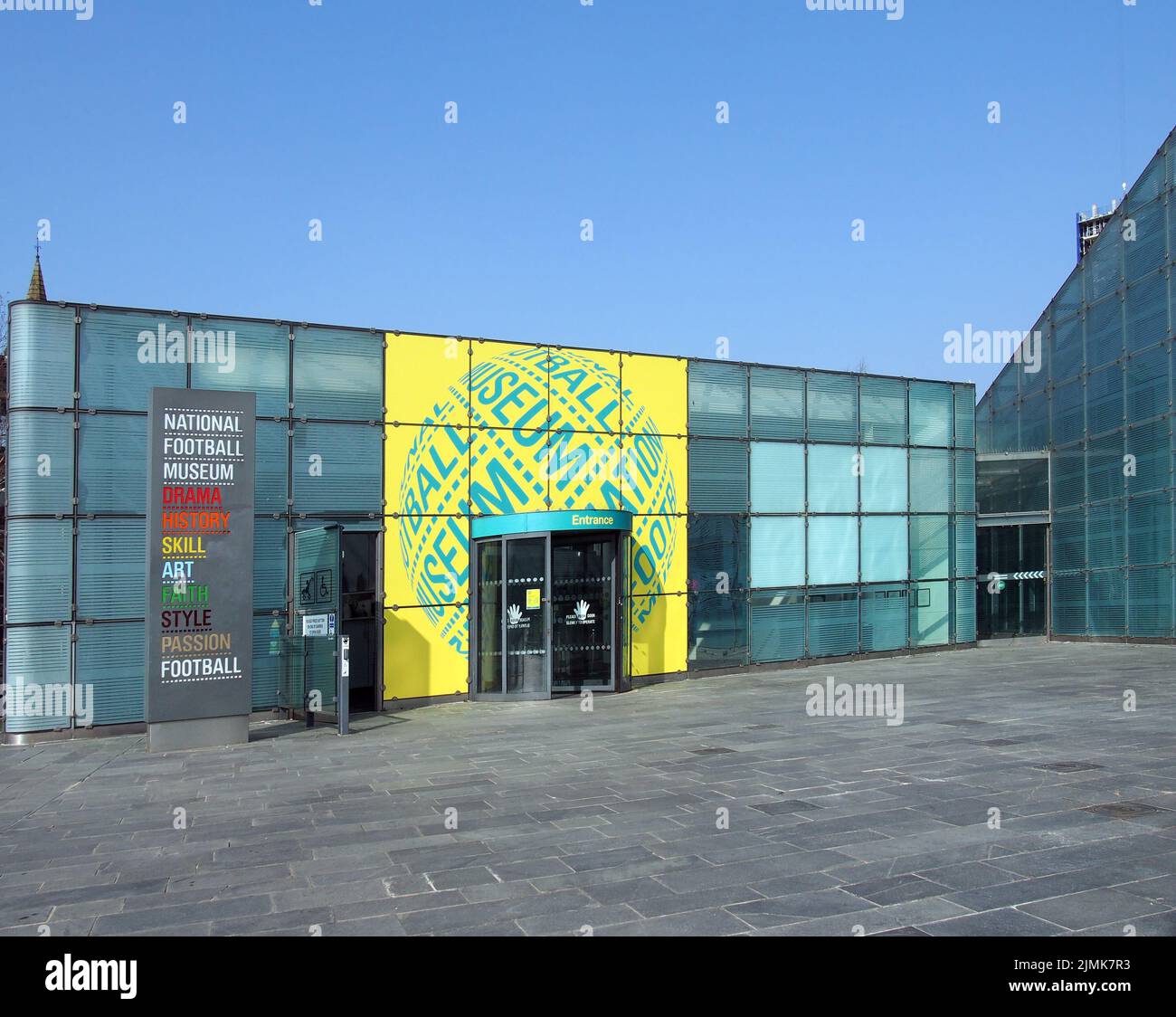 Signs around the front entrance of the national football museum in ...