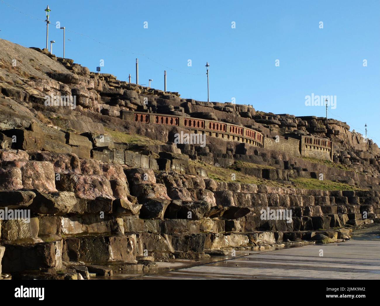 The cliffs area of blackpool with artificially sculpted rocks along the ...