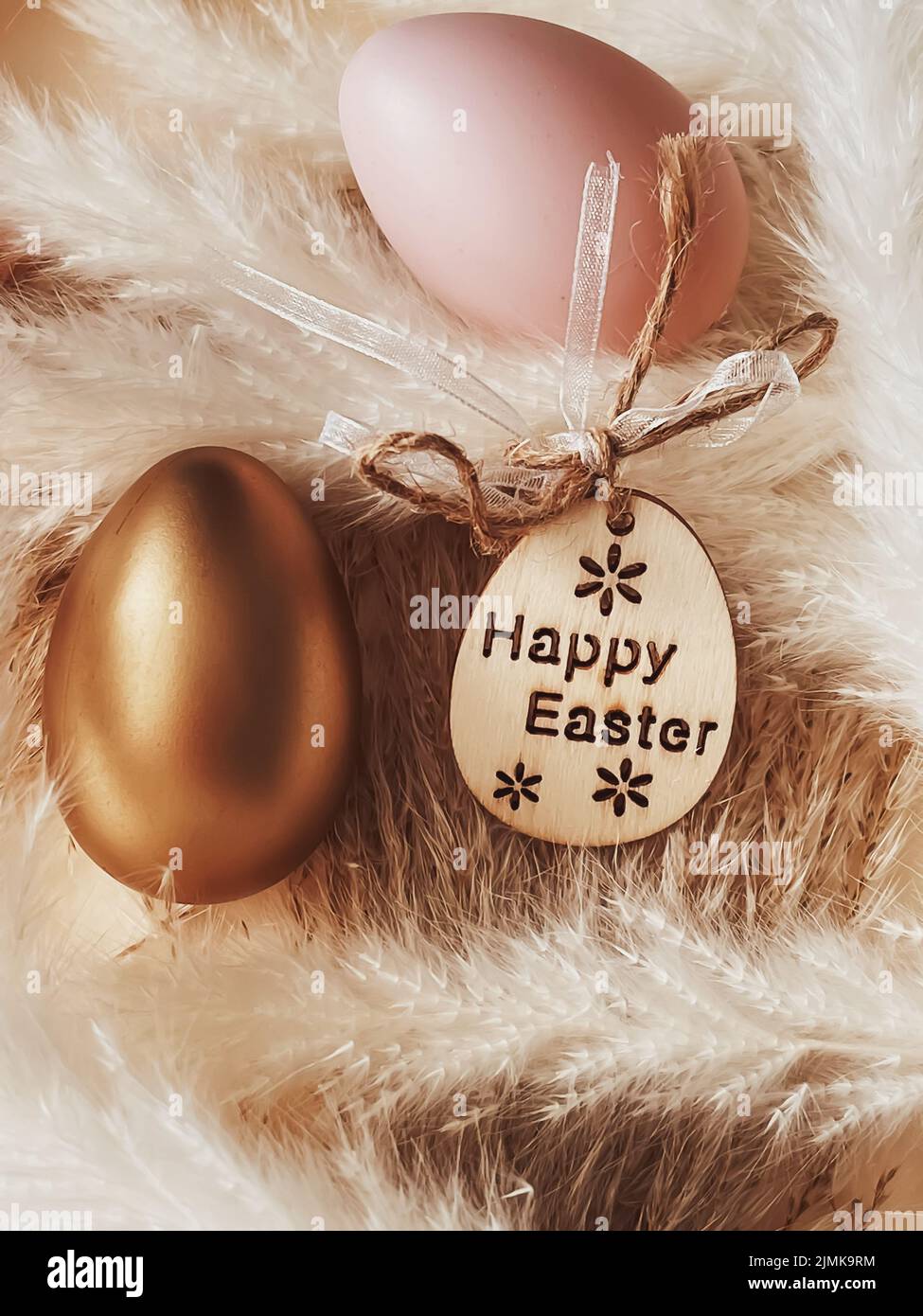 Happy Easter. Golden easter egg on rustic background, Christian ...