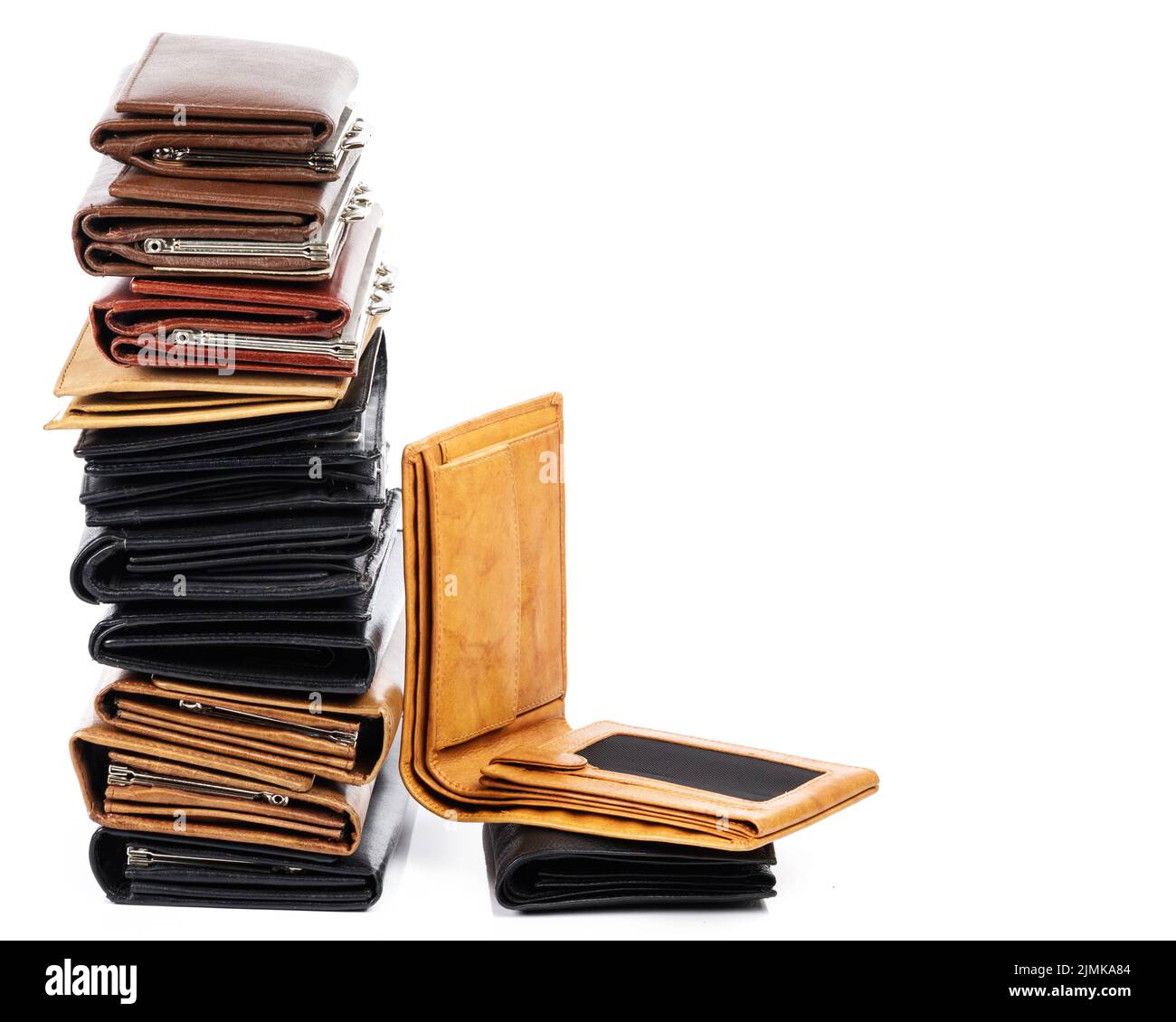 Stack of different wallets on white background Stock Photo - Alamy
