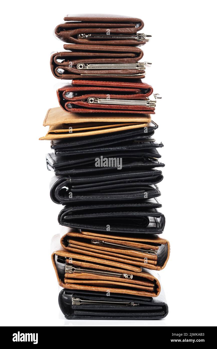 Stack of different wallets on white background Stock Photo - Alamy