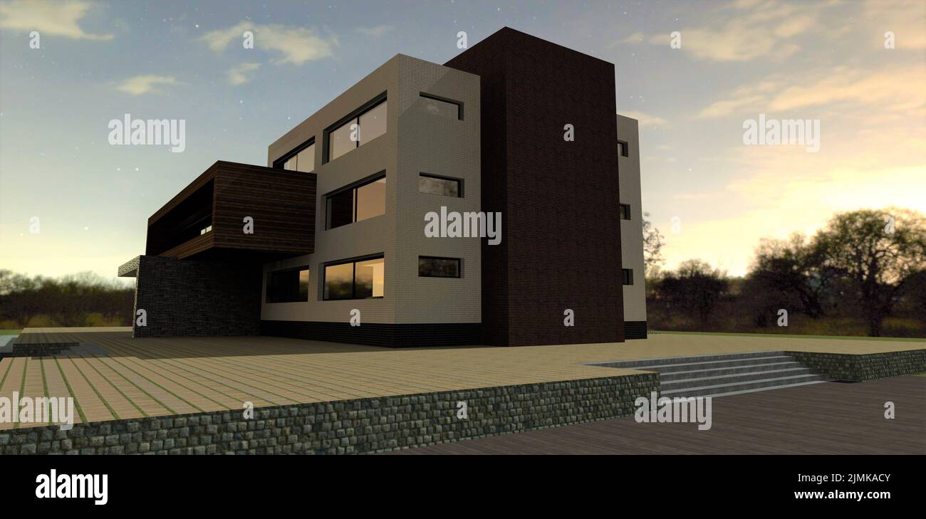 Compact technological office building in the evening park. Cobblestones ...