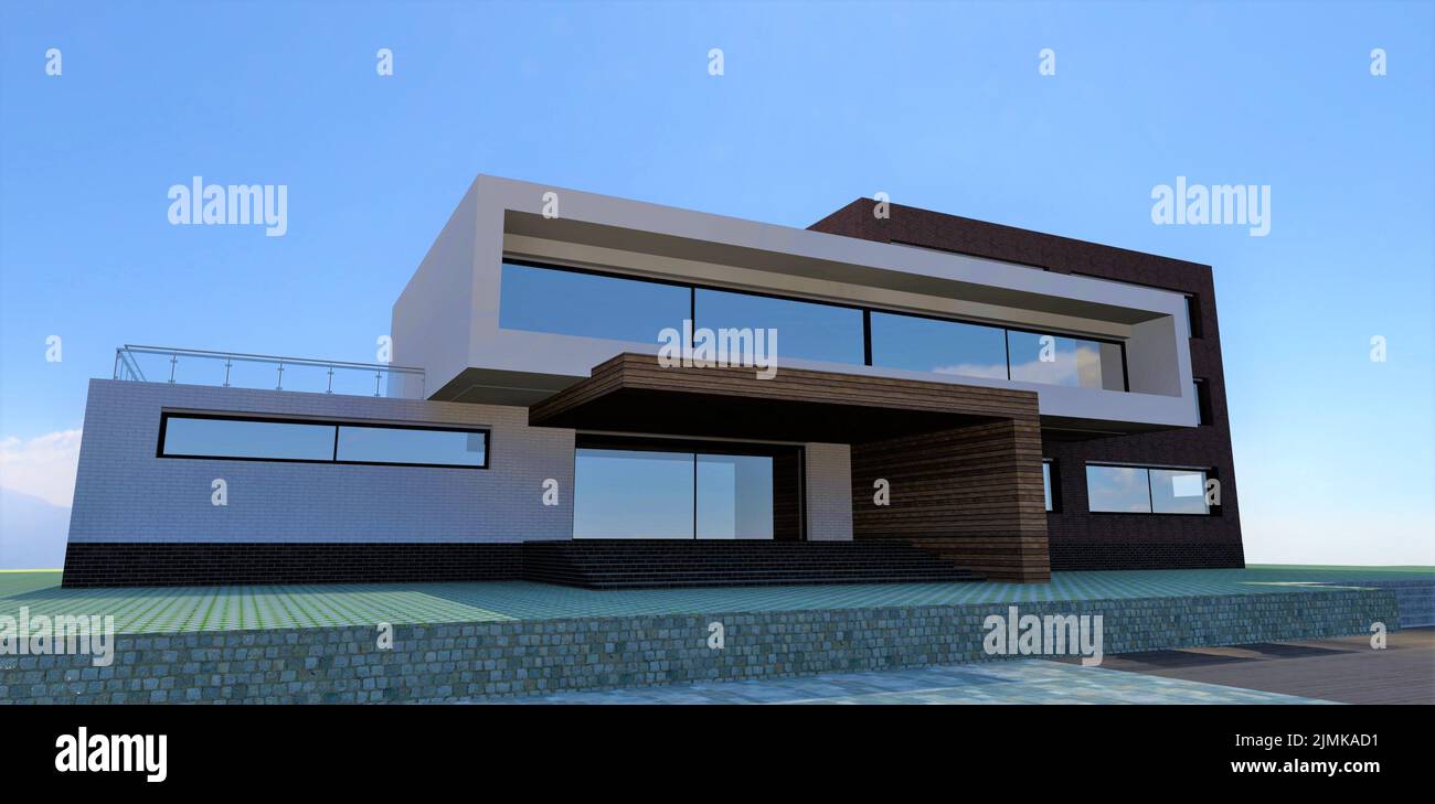 Conceptual design of a small modern office building. Flat roof ...