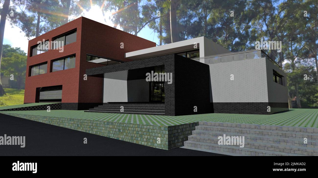 Front entrance to an advanced suburban office building in a tropical ...