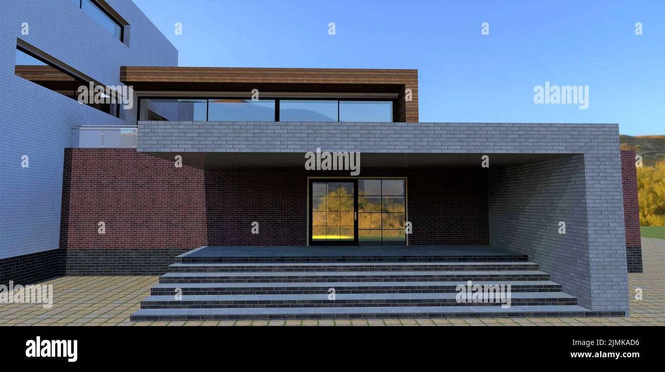 Front entrance to the house. Porch trim gray brick. Concrete stairs ...