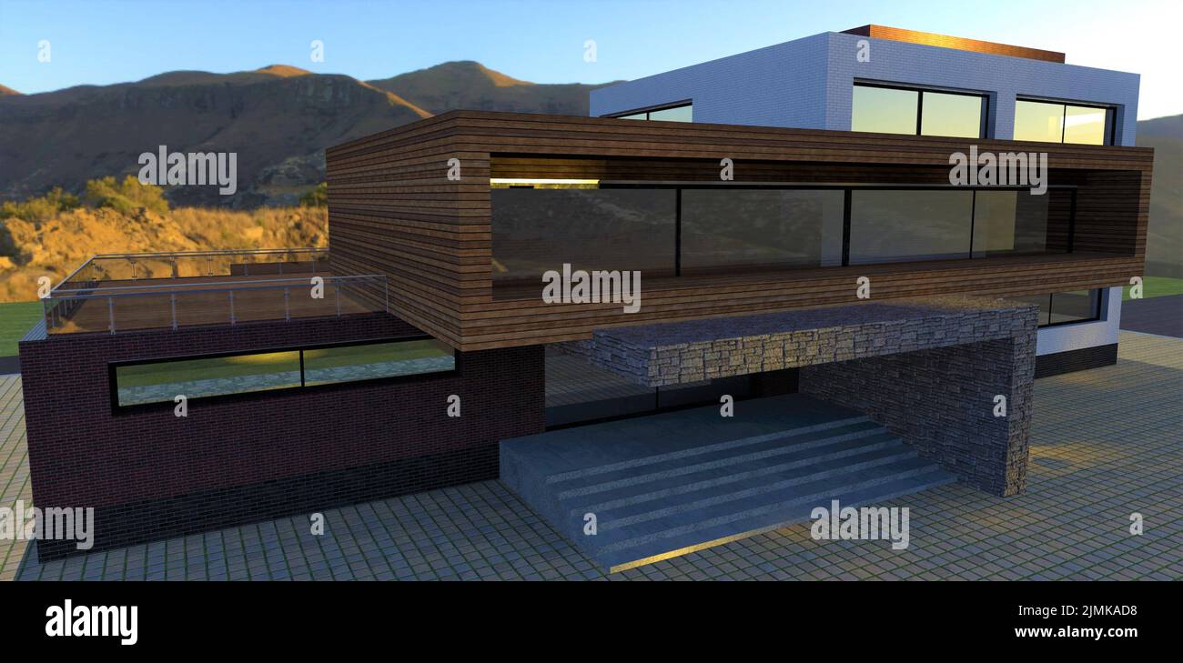 Modern technological house high in the mountains. 3d render. Finishing ...