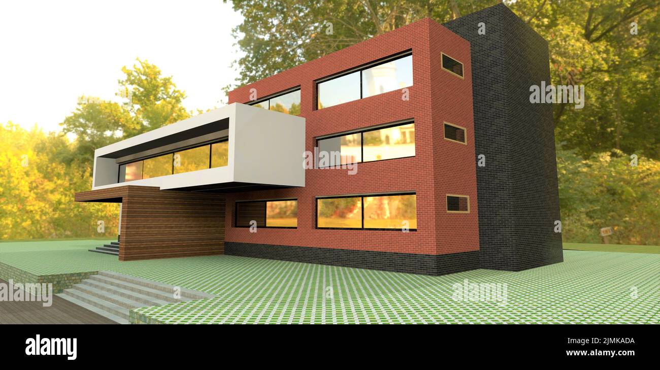 Small office building outside the city. Facade decoration red and black ...