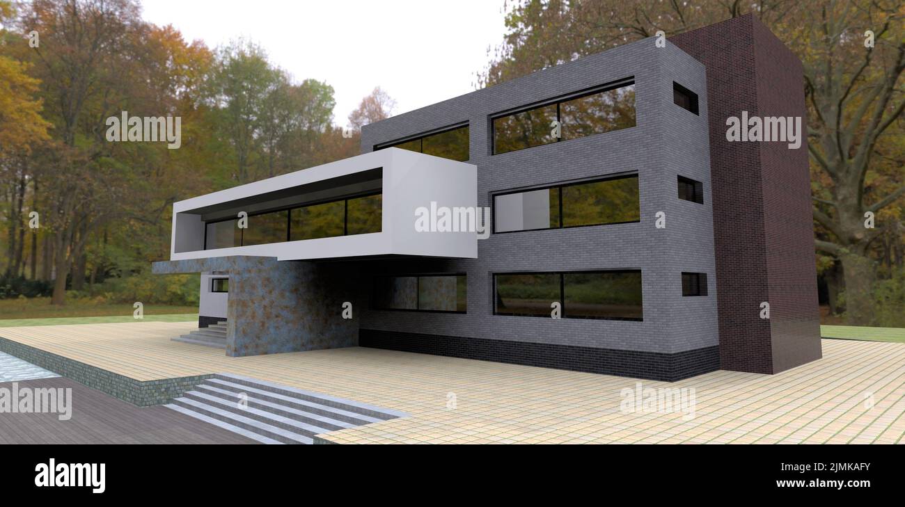 Three-story advanced office in the autumn park. Finishing of a facade a ...