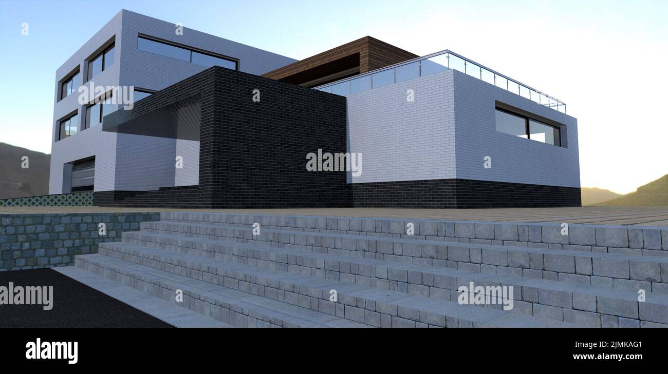 Wide concrete stairs. Porch of a wonderful technological house. Black ...