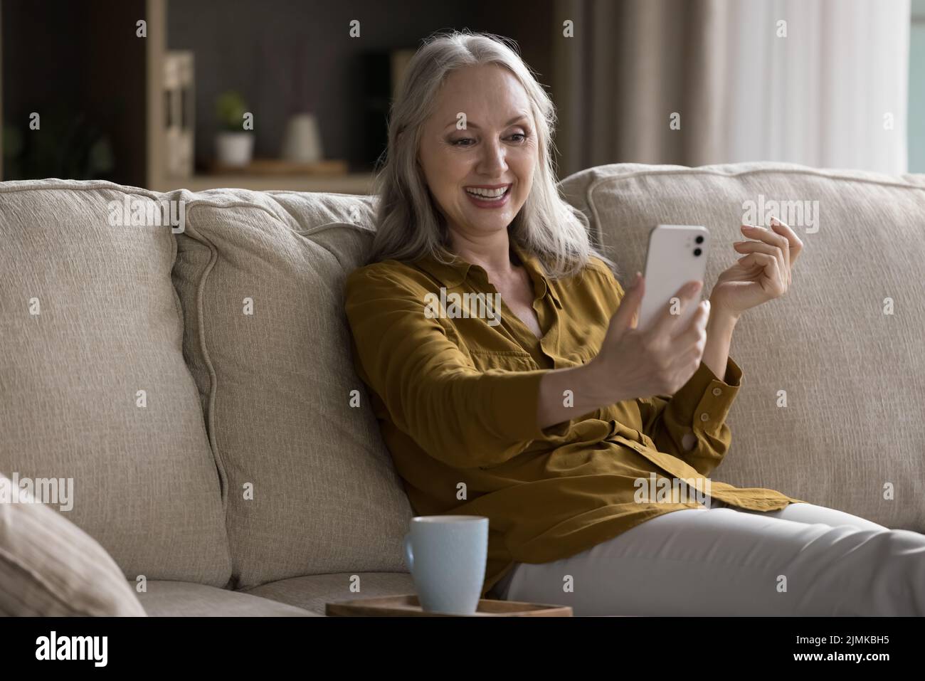 Happy cheerful grandma woman speaking to family on video call Stock ...