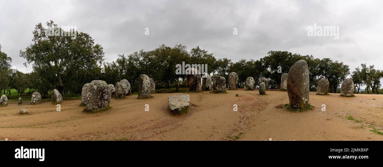 A panorama view of the Cromlech of the Almendres megalithic complex in ...