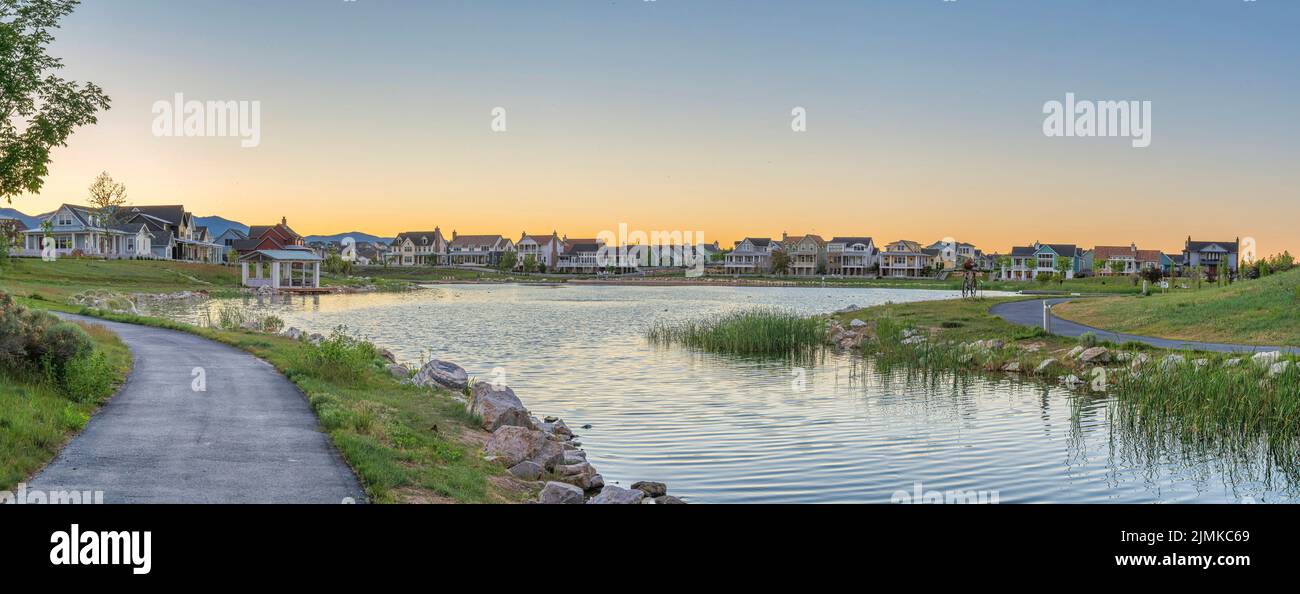Two curve paths near the Oquirrh Lake at Daybreak, Utah. There is a ...