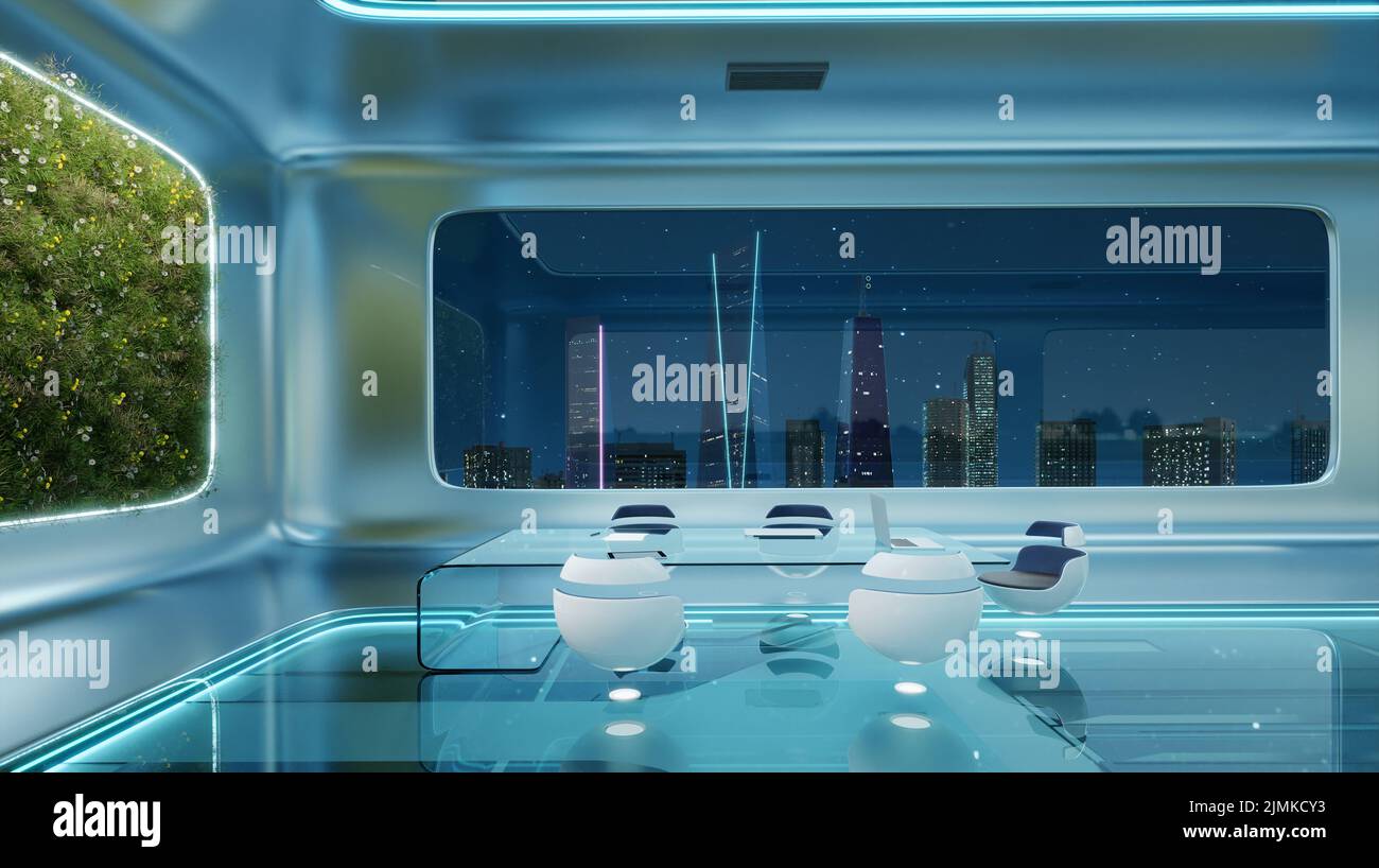 Modern sci-fi futuristic interior office design with green wall plant ...