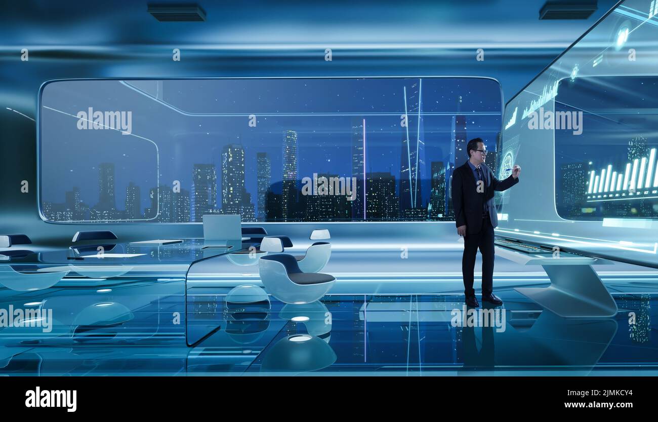 Businessmen working with smart virtual screens projectio Stock Photo ...