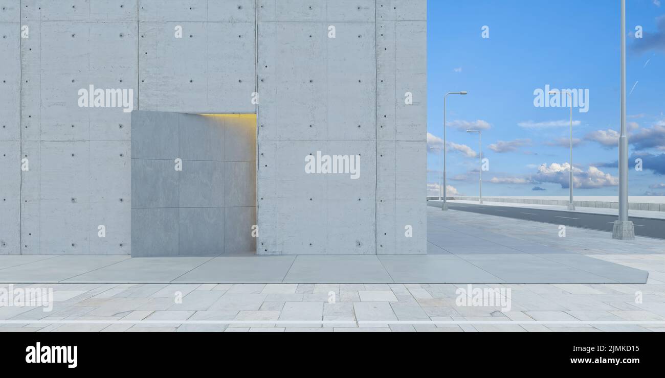 Empty brick floor with modern concrete building Stock Photo - Alamy