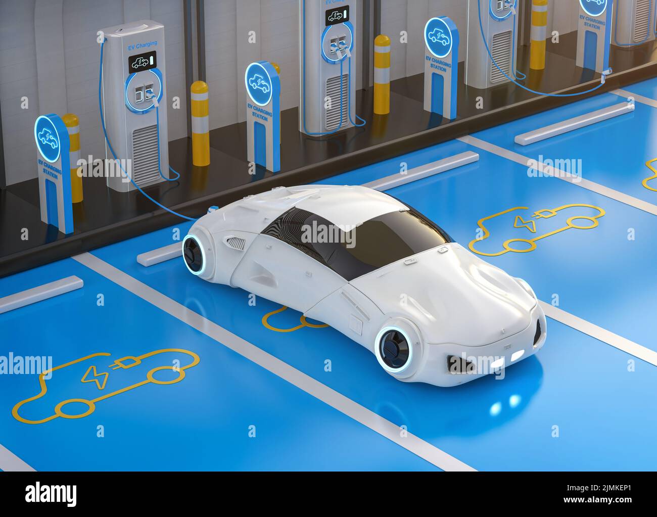 3d rendering driverless car or autonomous car plug in with ev charging ...