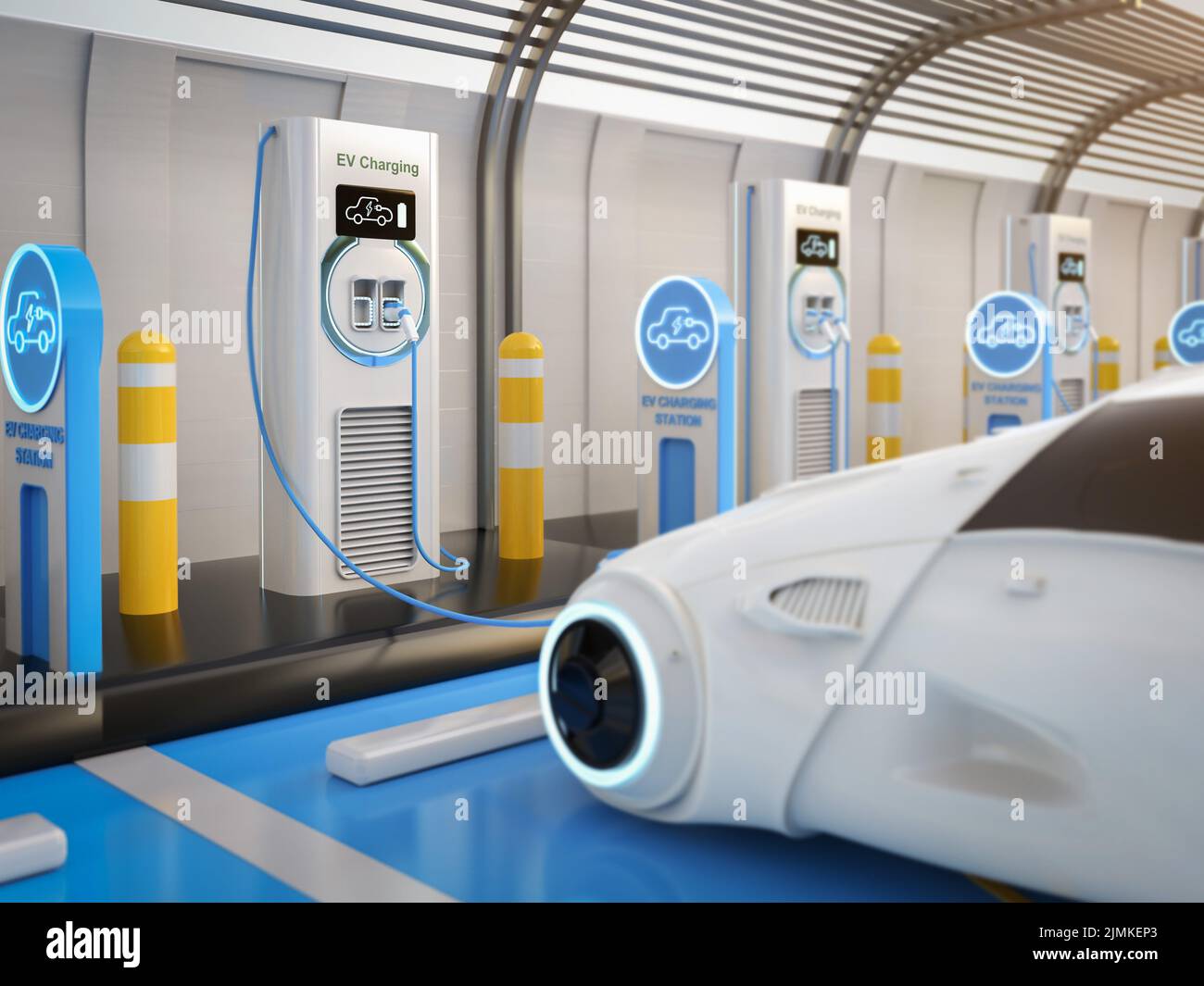 3d rendering driverless car or autonomous car plug in with ev charging ...