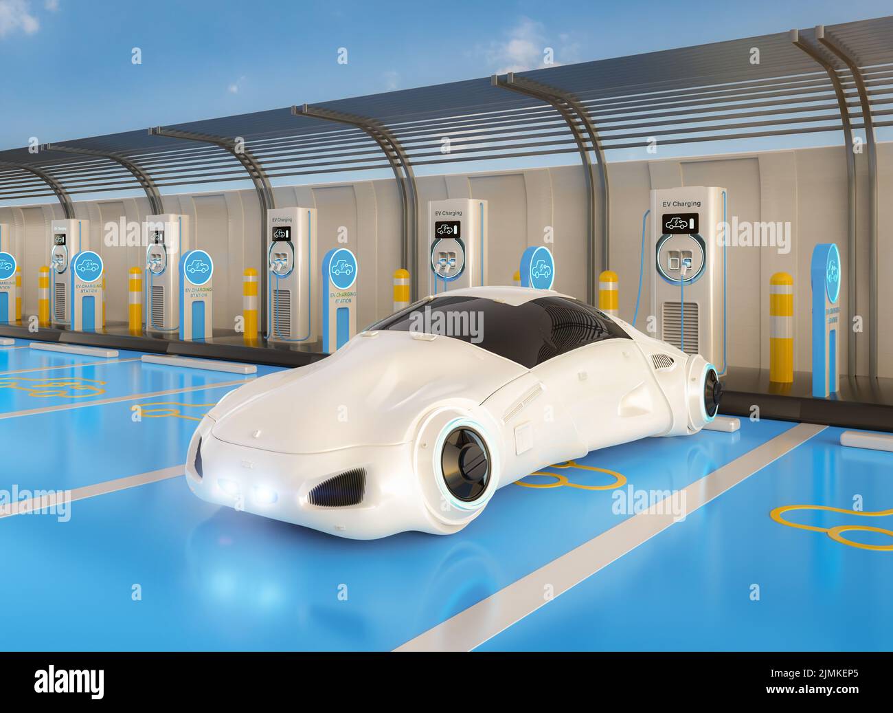 3d rendering driverless car or autonomous car plug in with ev charging ...