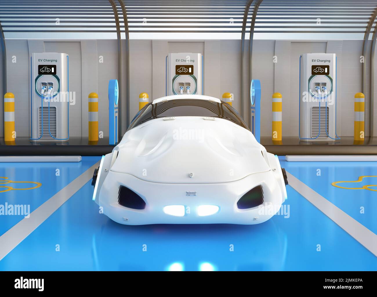 3d rendering driverless car or autonomous car plug in with ev charging ...