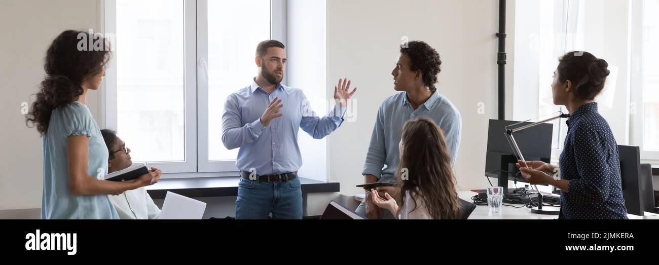 Panoramic image diverse employees take part in group meeting Stock ...