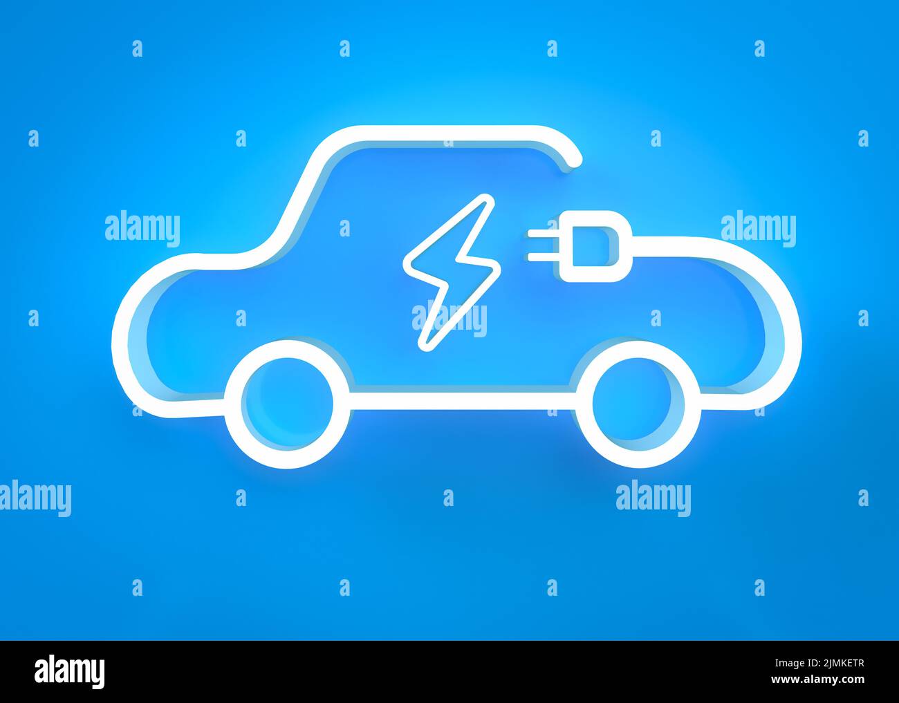 3d rendering ev car icon or electric vehicle sign with glow on blue ...